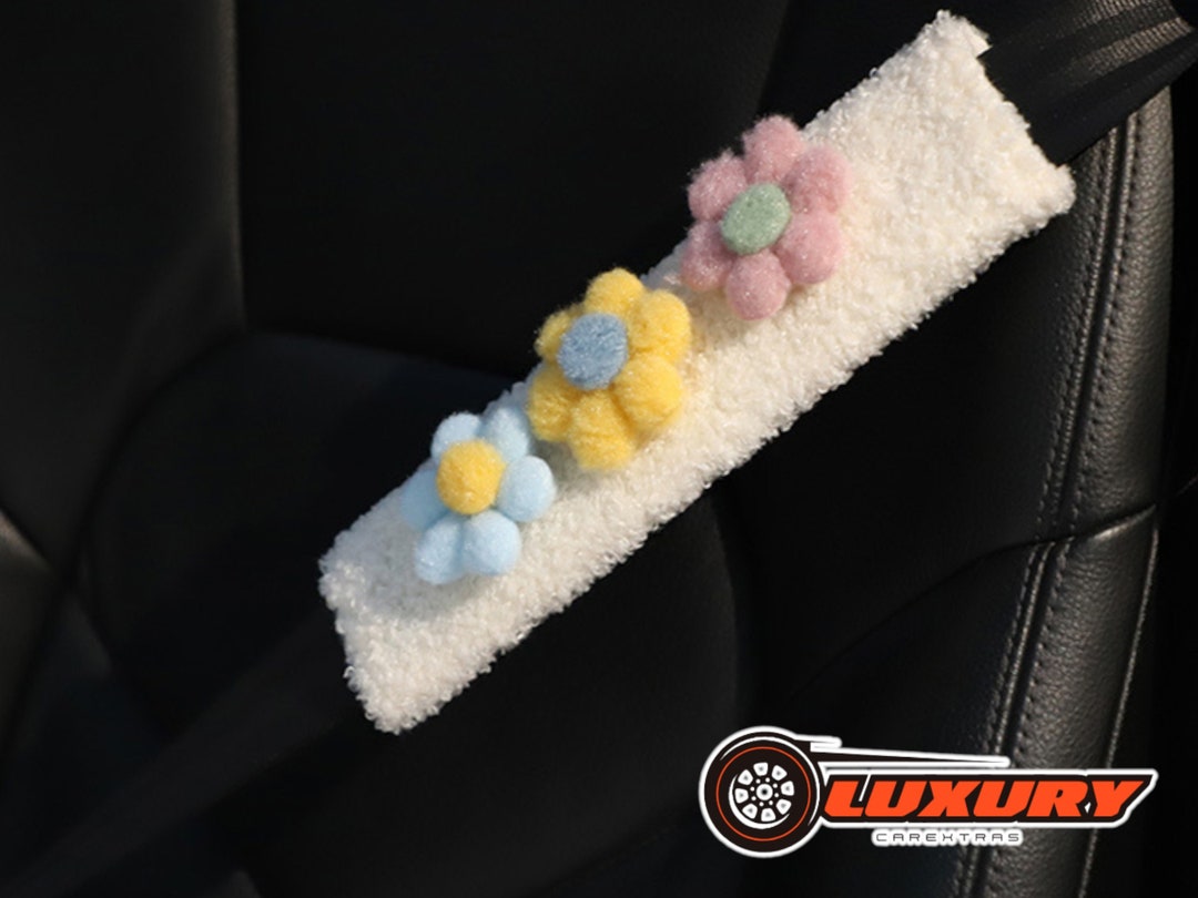 Floral Fluffy Belt Cover Cute White Auto Accessories Car Interior ...