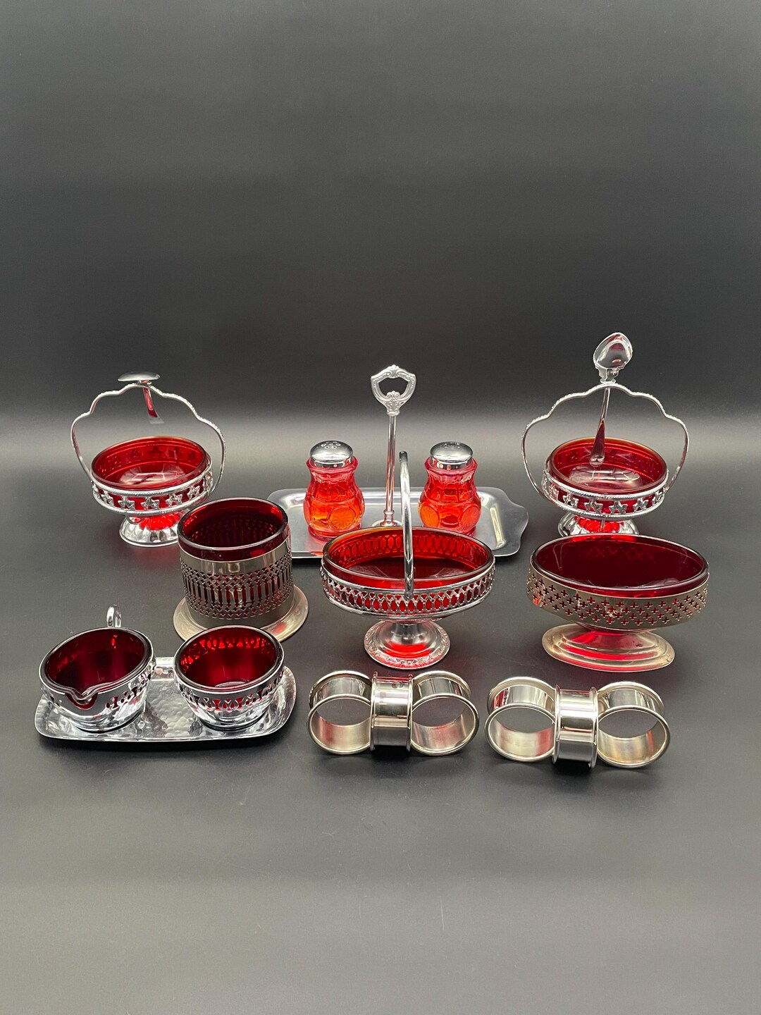 Vintage English Ruby Glass & Chromium Plate Table Set – 18-piece ...