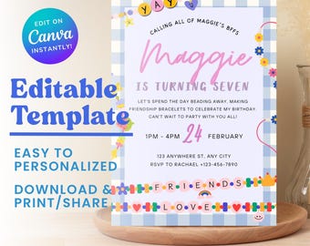 Editable Friendship Bracelet Invitation Girl Birthday Bracelet Making ...