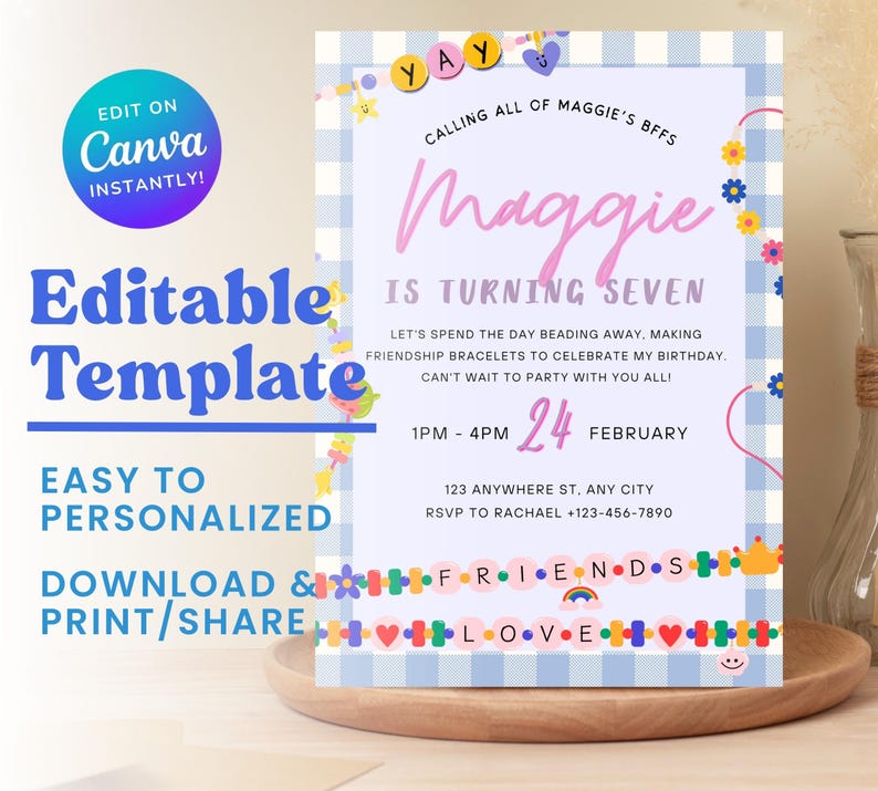 Editable Friendship Bracelet Invitation Girl Birthday Bead Bracelet ...