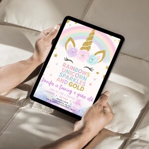 Editable Unicorn Rainbow Birthday Invitation Digital Download Pastel ...