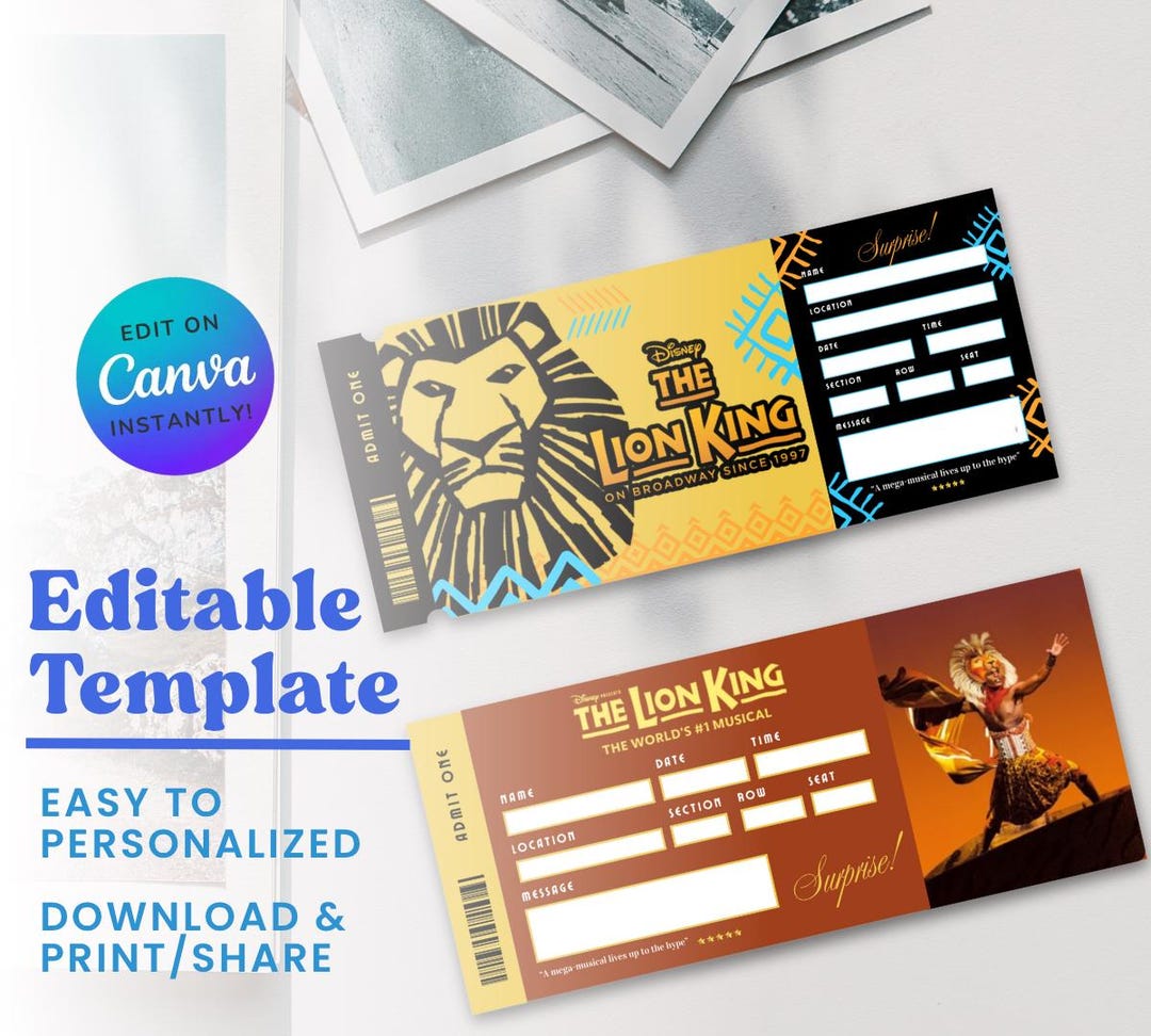 Printable Lion King Broadway Surprise Ticket, Editable Musical Show ...