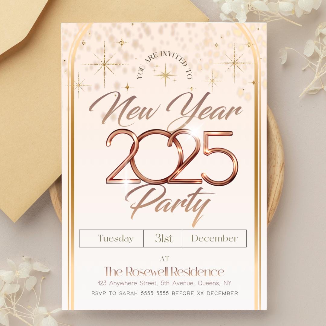 New Years Party Invitation Printable, Editable Corjl Download, Rose ...