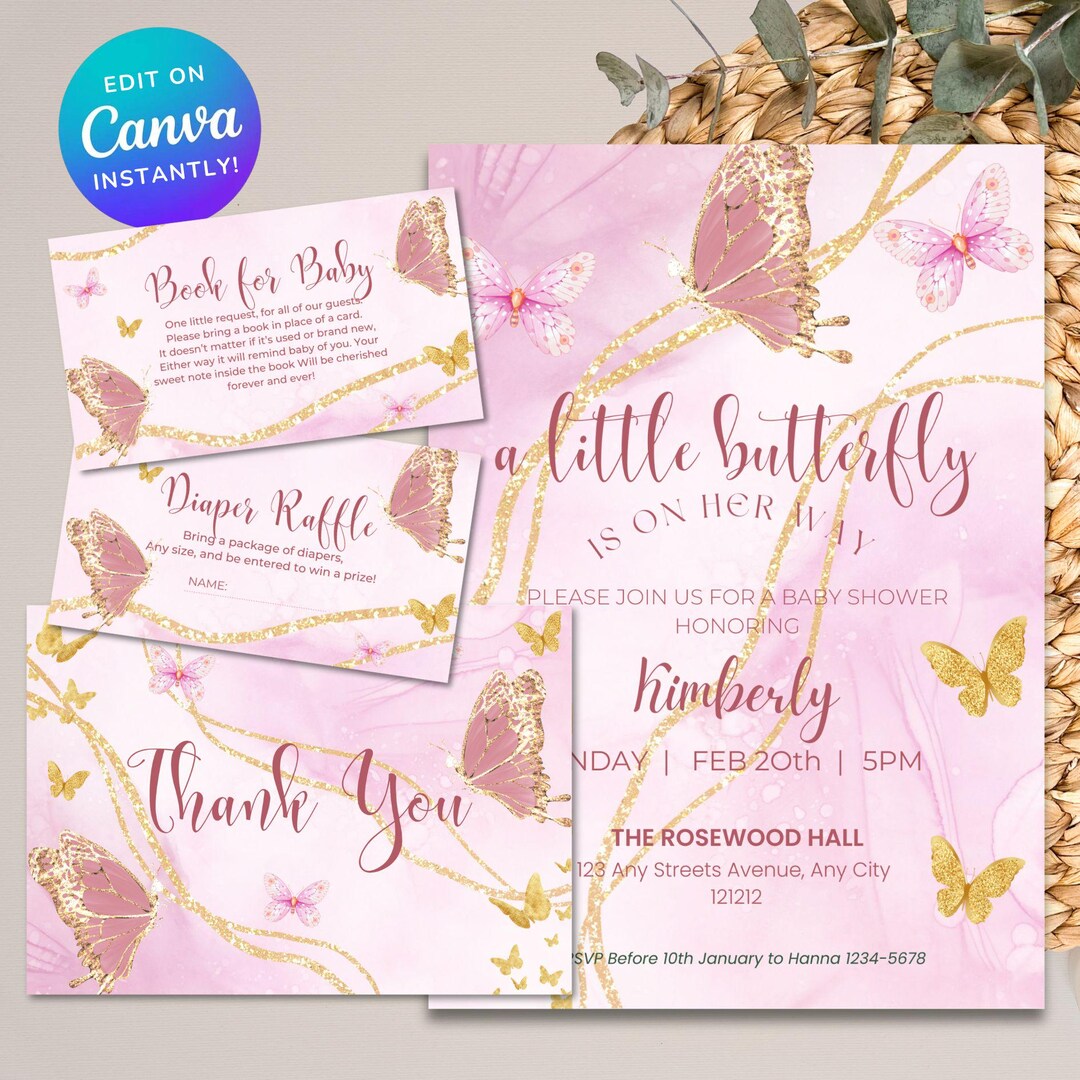 Editable Butterfly Baby Shower Invitation Set. Butterfly Baby Shower ...