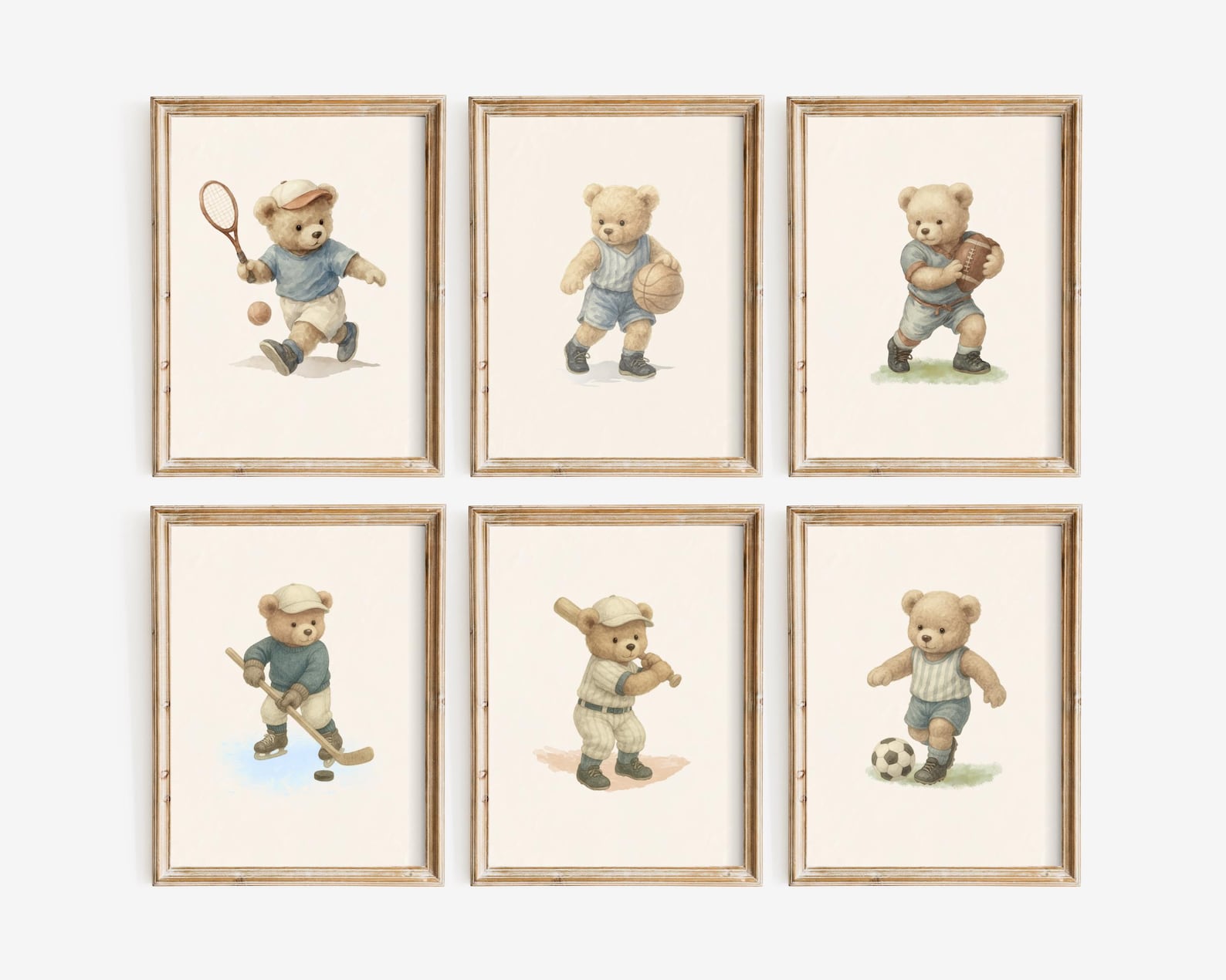 Set of 6 Vintage Teddy Bear Sports Wall Art, Sports Nursery Theme Decor ...