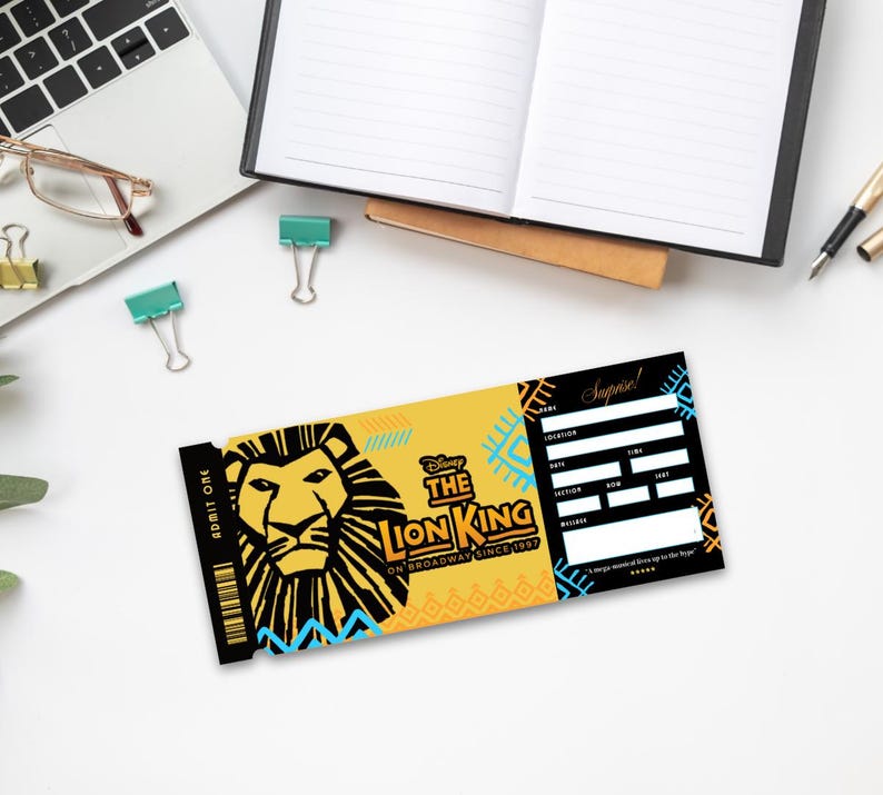 Printable Lion King Broadway Surprise Ticket, Editable Musical Show ...