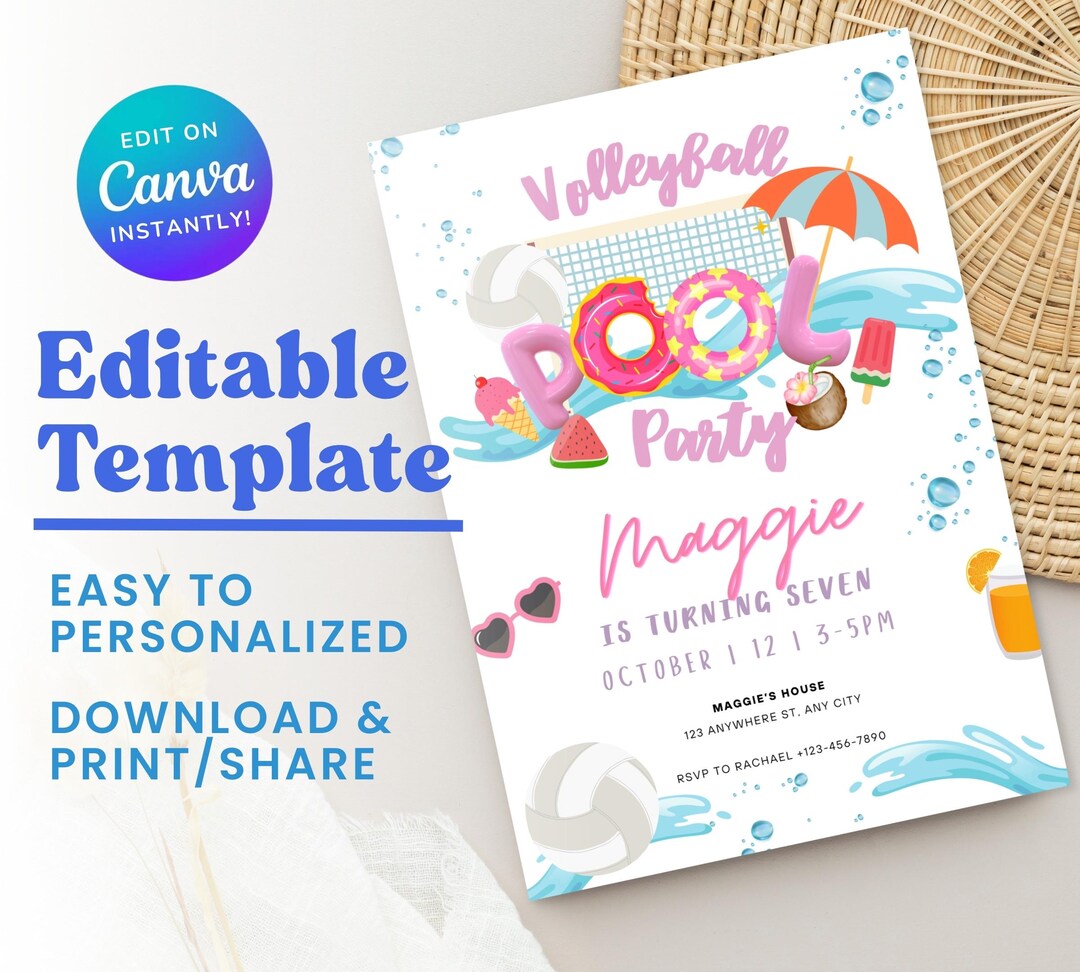 Editable Volleyball Pool Party Birthday Invitation Girls Swim Party ...
