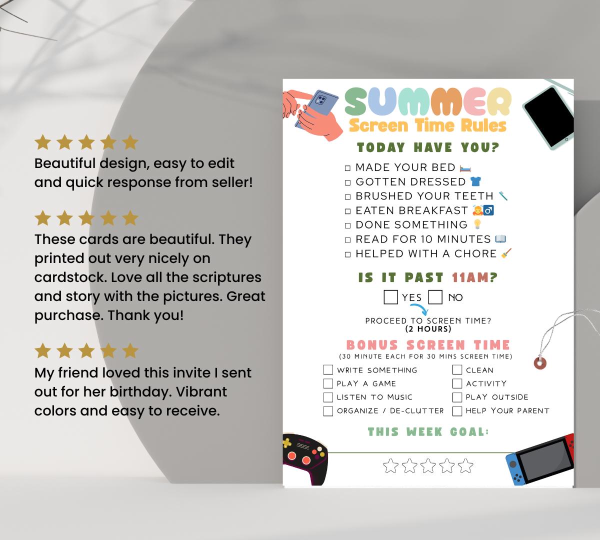 Summer Screen Time Rules Printable | Editable | Kids Screen Time ...
