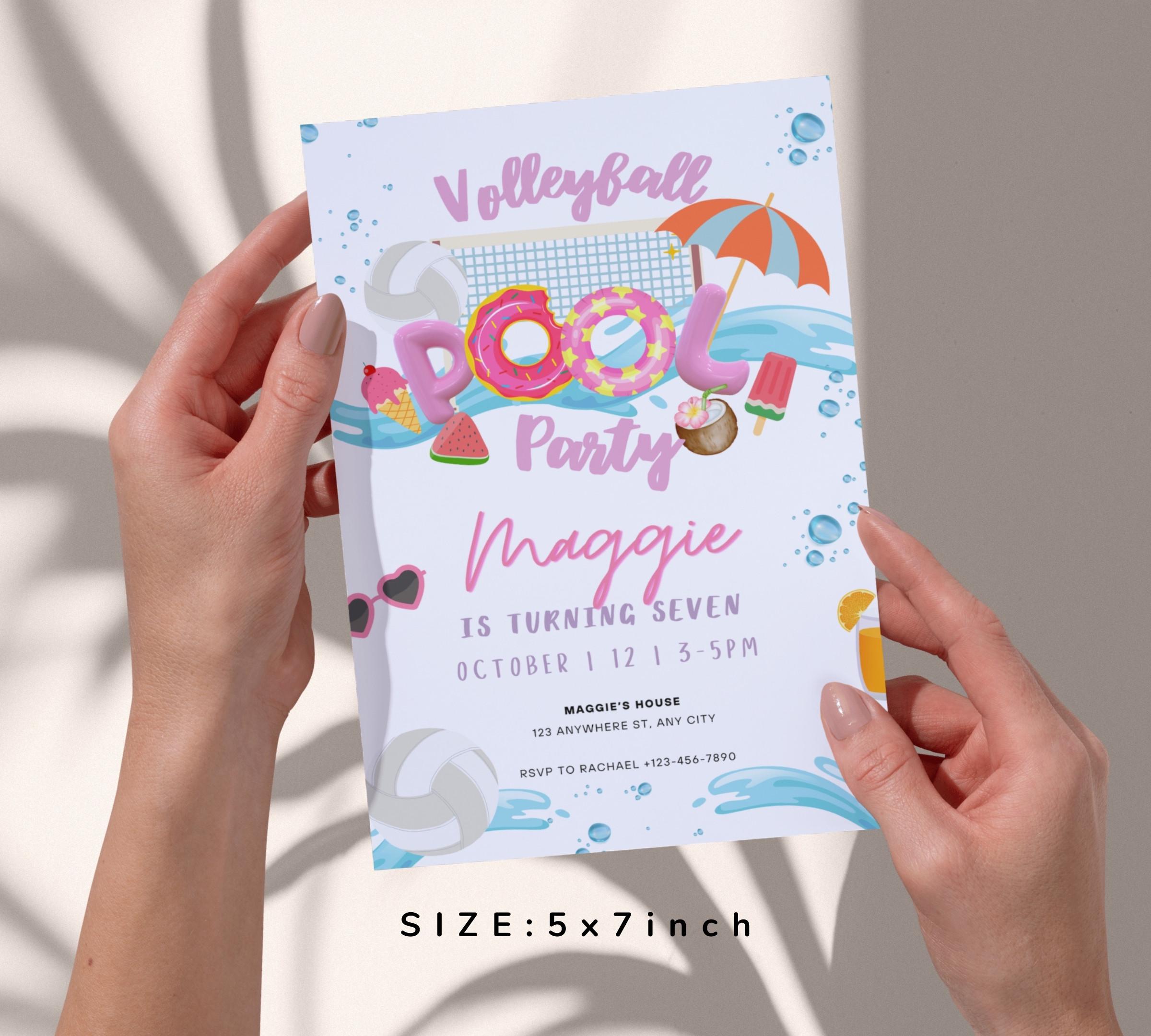 Editable Volleyball Pool Party Birthday Invitation Girls Swim Party ...
