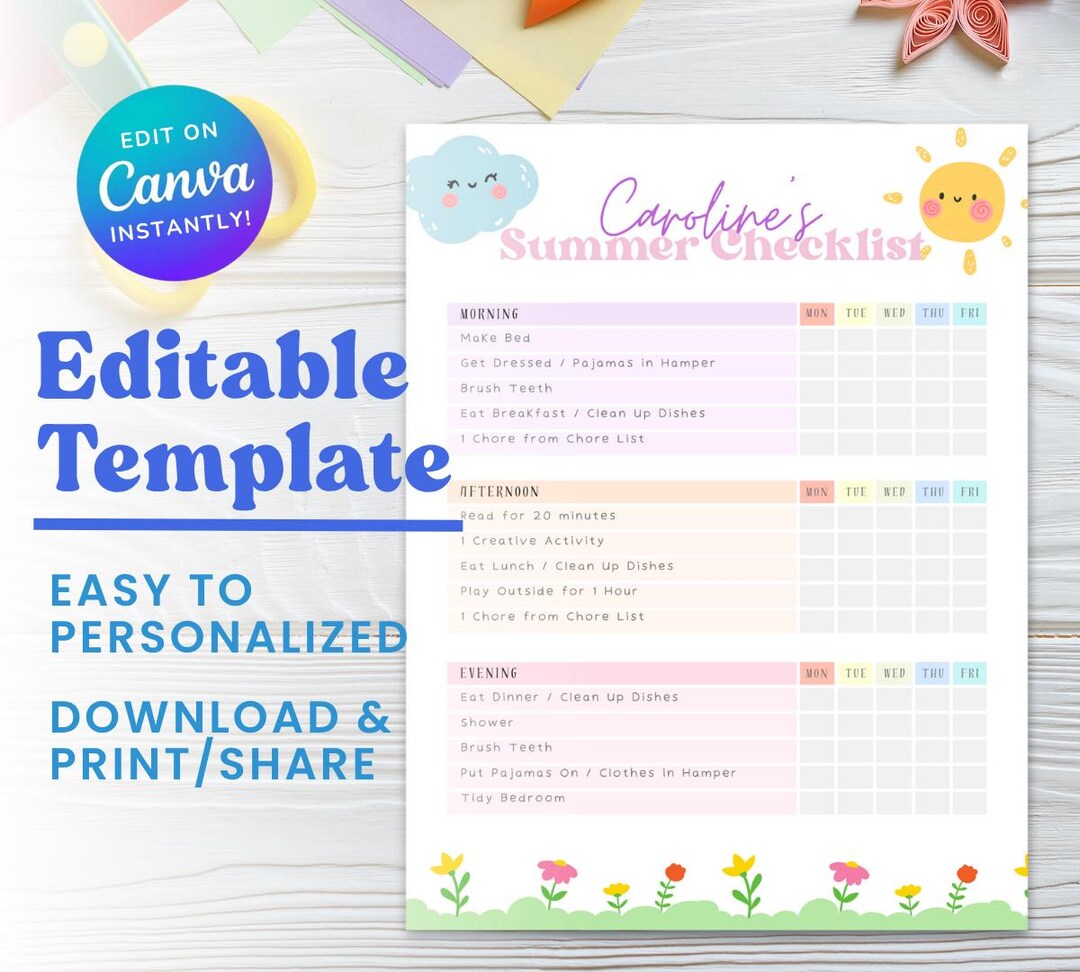 Editable Summer Checklist for Kids, Kids Daily Responsibility Chart ...