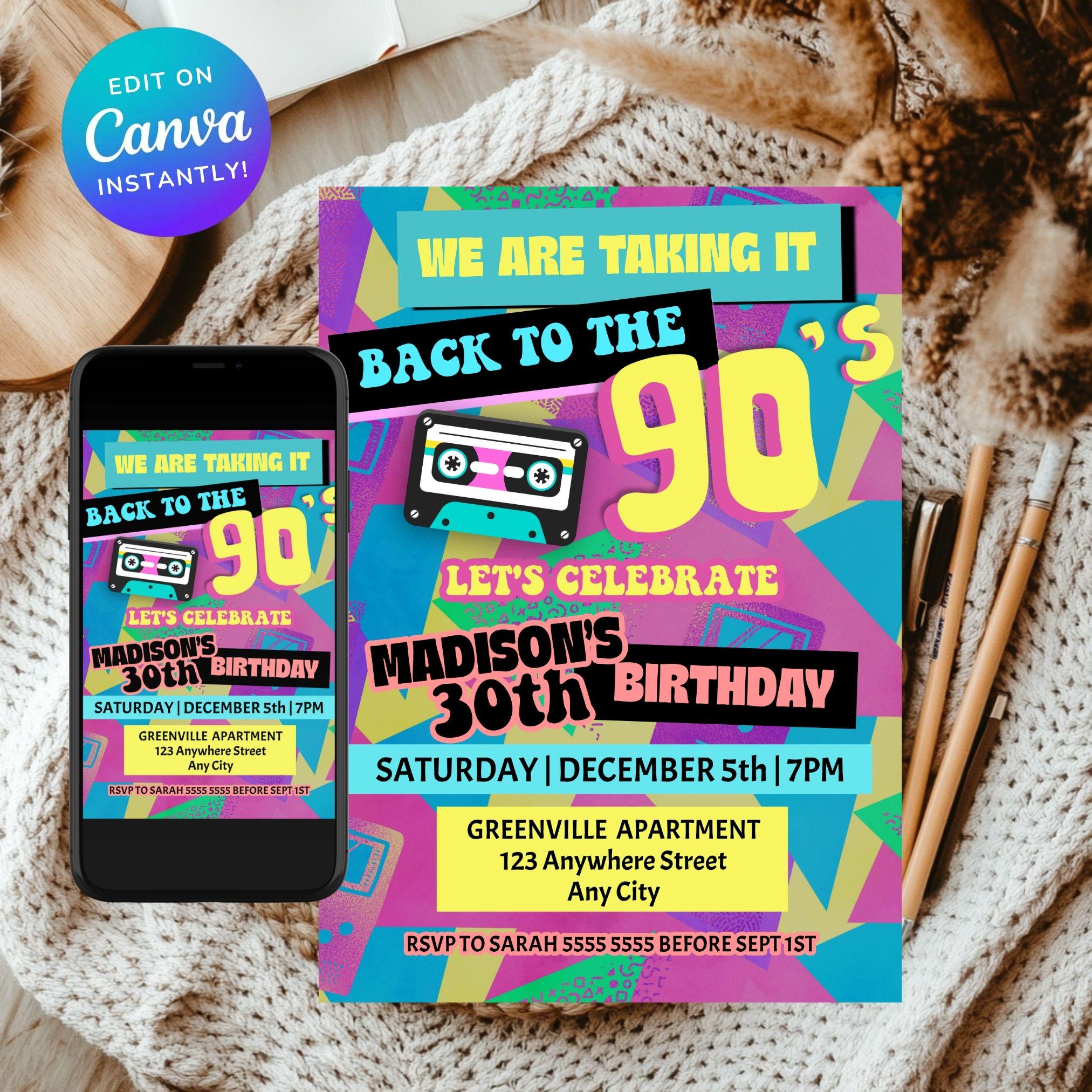 Editable 90s Party Invitation, Back to the 90s, Throwback Party, House ...