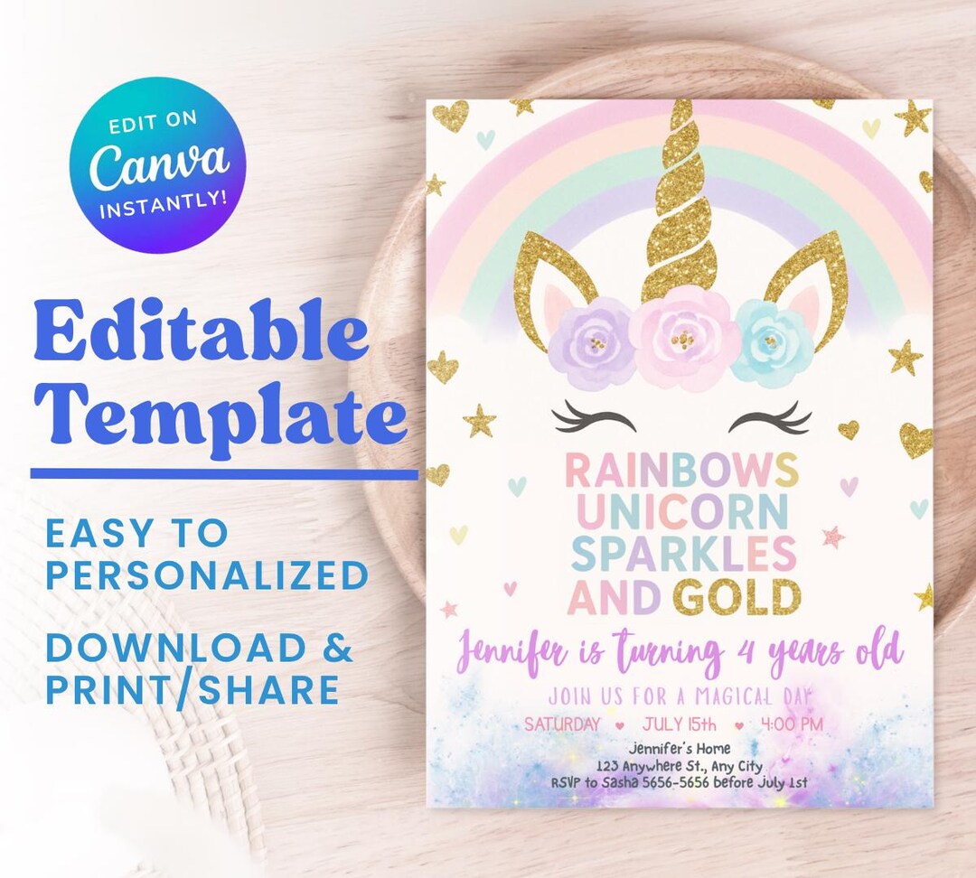 Editable Unicorn Rainbow Birthday Invitation Digital Download Pastel ...