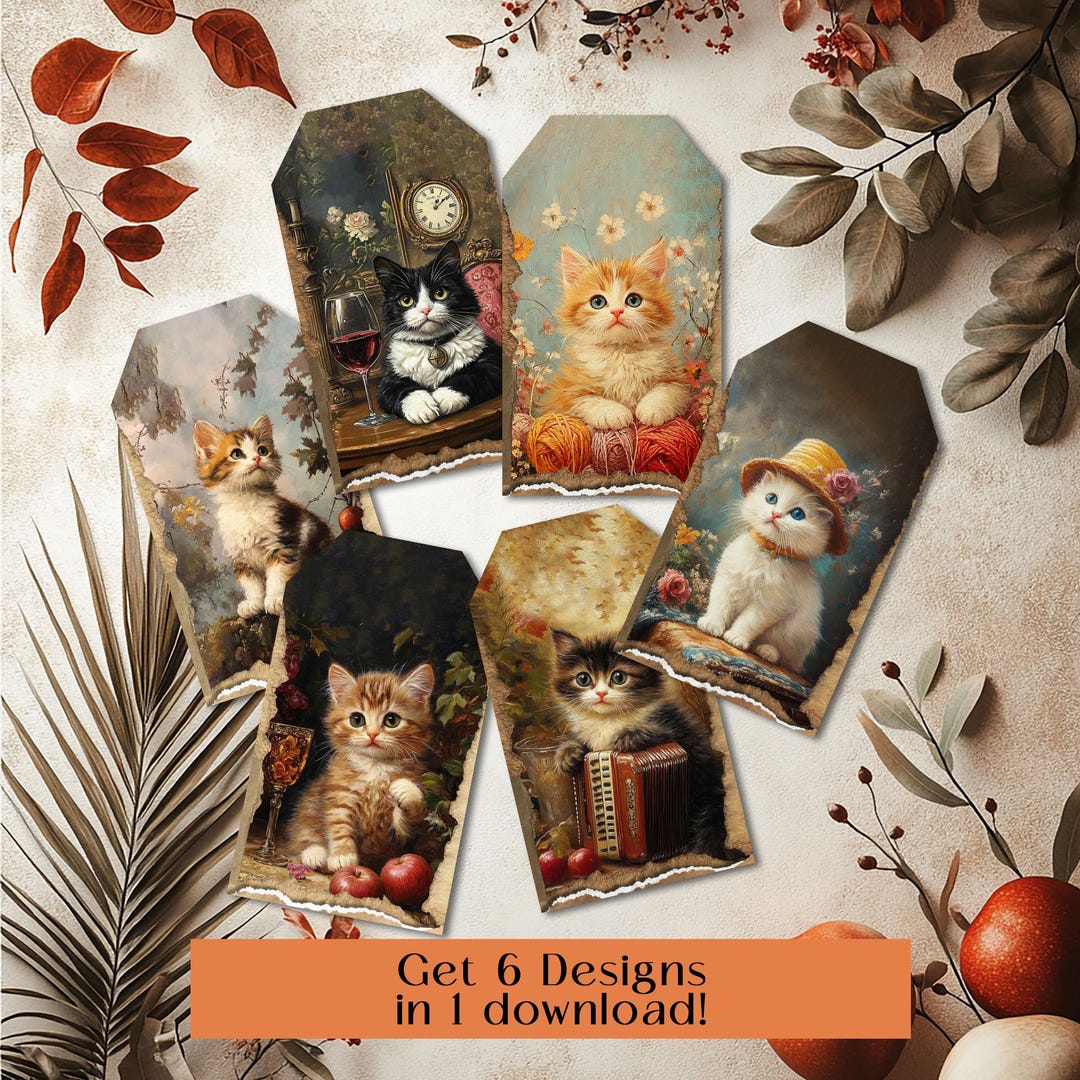 Vintage Cats Tags, Kittens, Journal Inserts, Cat Journaling Tags, Cat ...