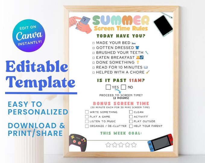 Printable Summer Screen Time Checklist for Kids, Summer Screentime ...