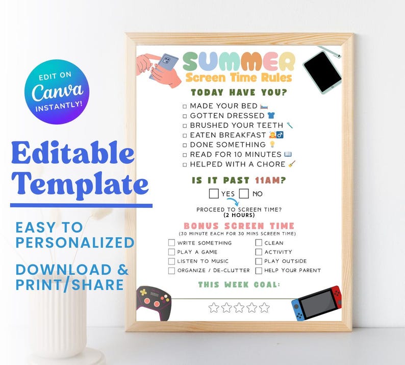 Summer Screen Time Rules Printable | Editable | Kids Screen Time ...