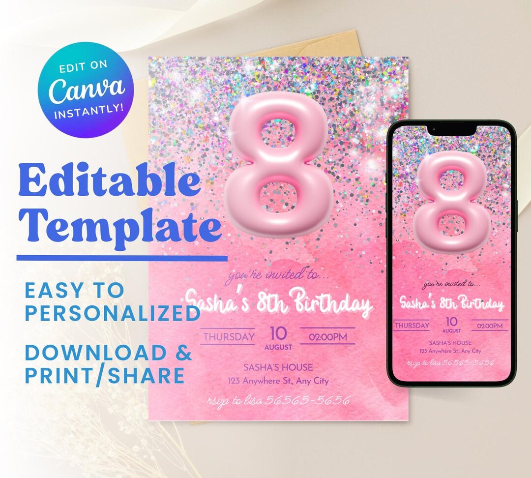 Editable Pink 8th Birthday Invitation Template Instant Download Digital ...
