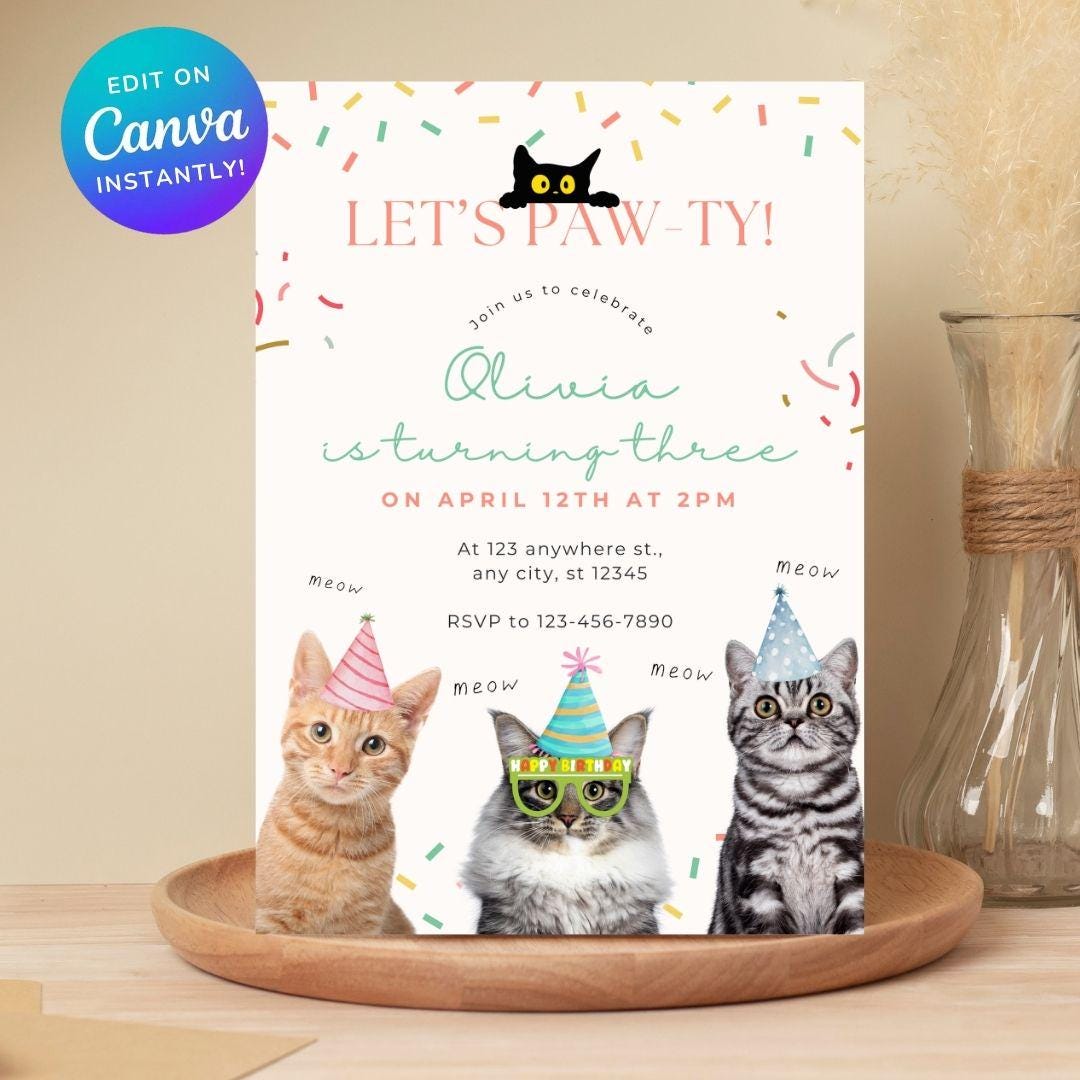 Cat Themed Birthday Invitation, Cat Birthday Invite, Cat Birthday ...