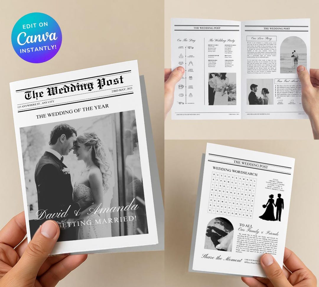 Folded Printable Wedding Newspaper Program Canva Template, Infographic ...