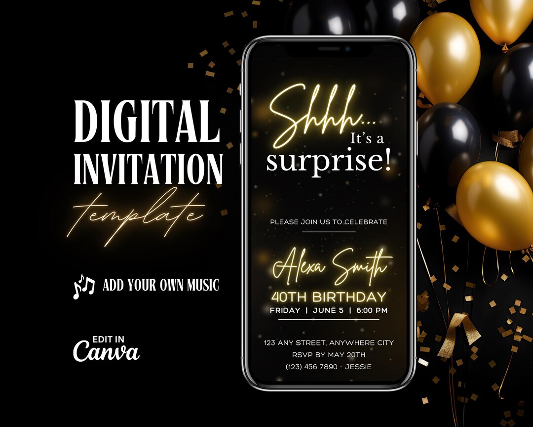 Shhh It's a Surprise Birthday Video Invitation, Gold Glitter Digital ...