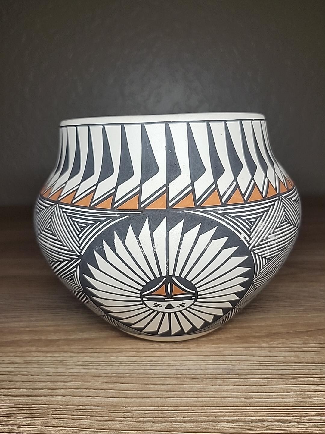 Acoma Pottery Vase by M. Garcia Sun Face Geometric Patterns Feathers ...