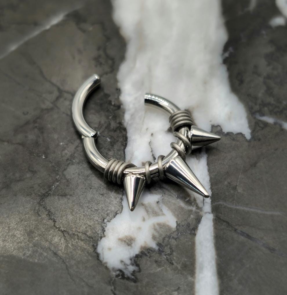 Silver + Grey Triple Spike Septum Ring, Titanium Hinged Clicker, 14g ...