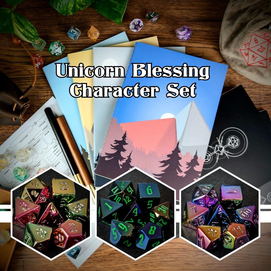 Unicorn Blessing - Character Sheet With Full Set of Metallic Dice ...