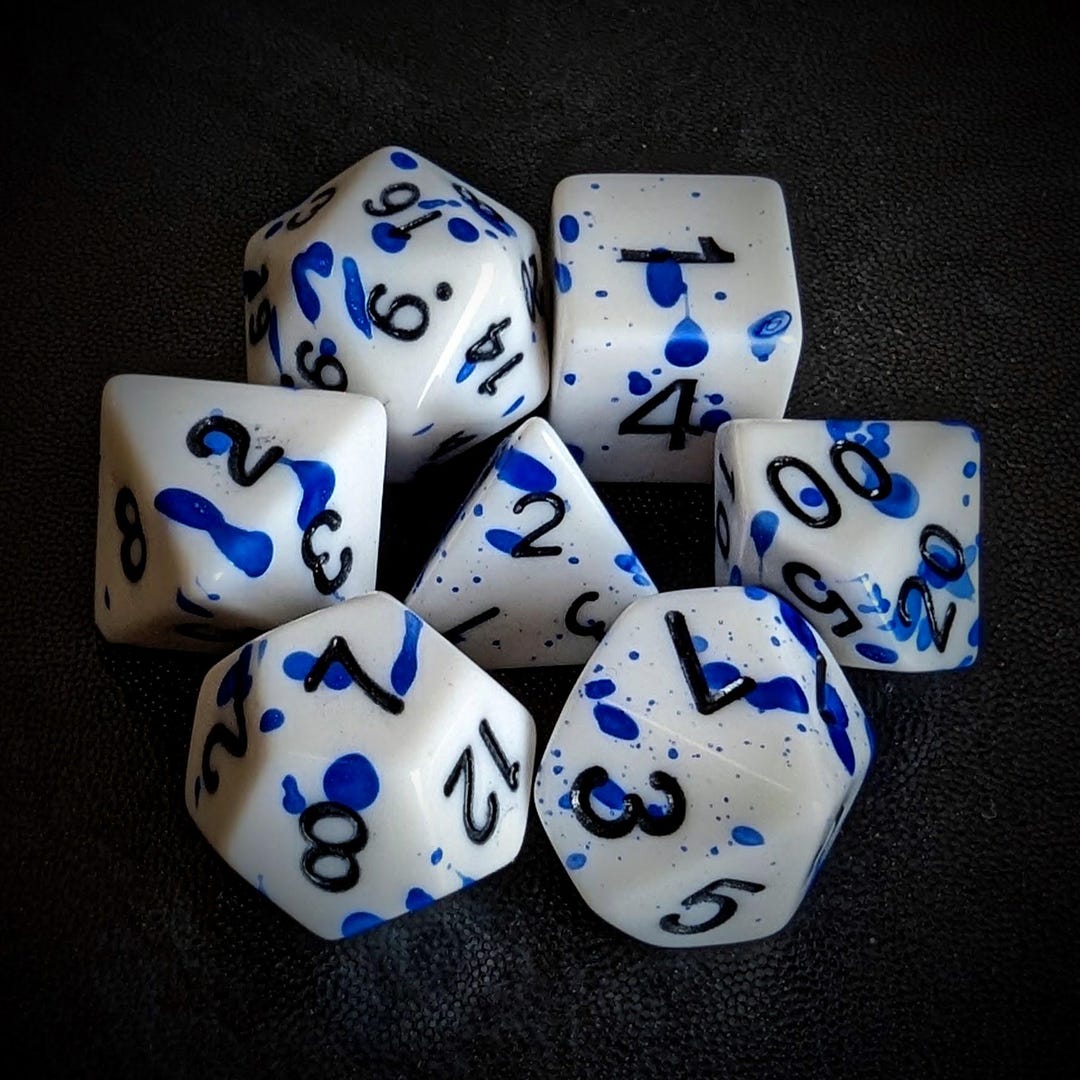 Blue Blood Splatter on White Acrylic 7pcs RPG Full Dice Setrole Playing ...
