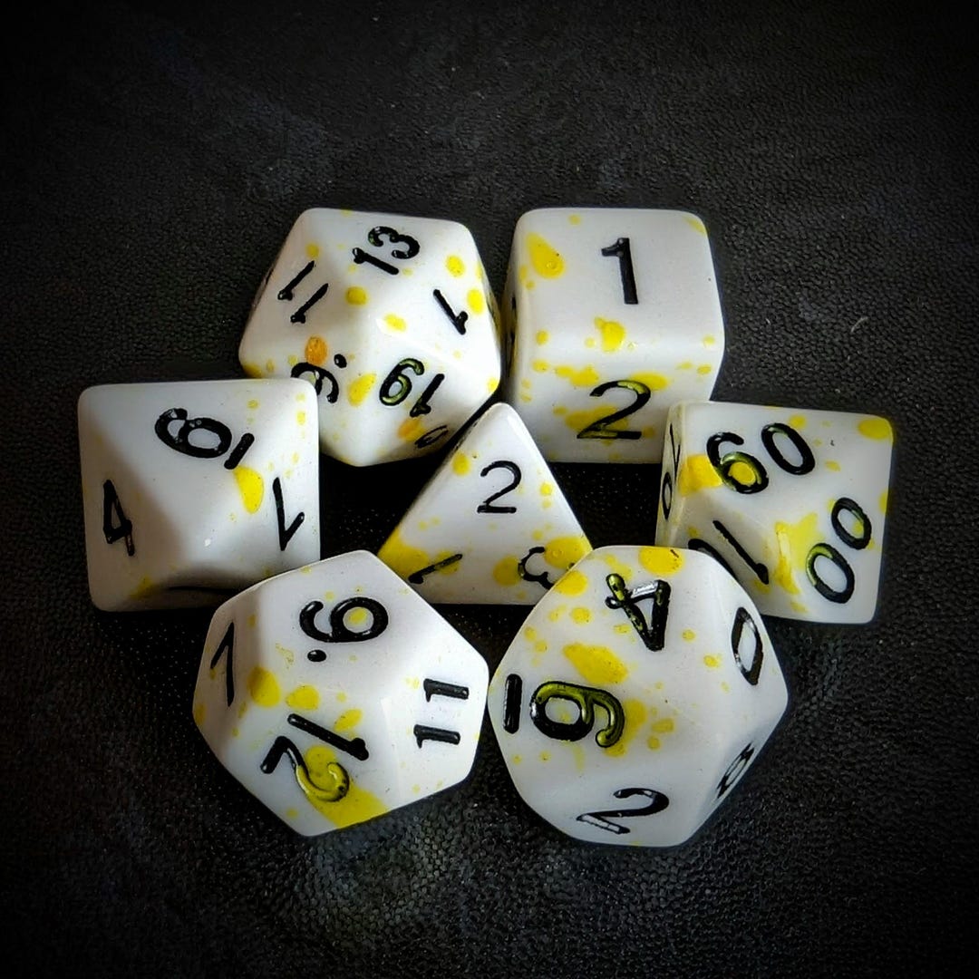 Yellow Blood Splatter on White Acrylic 7pcs RPG Full Dice Setrole ...