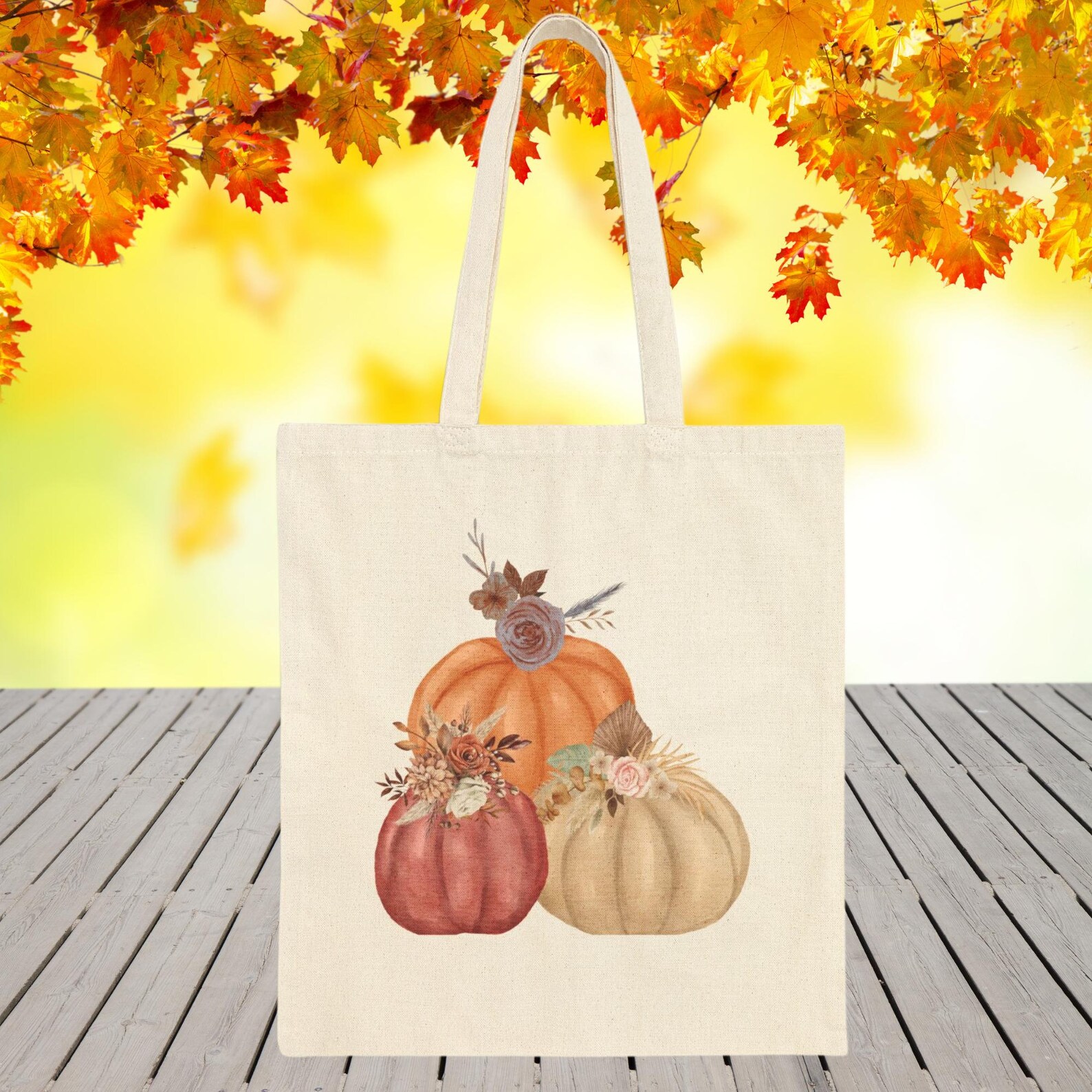 Vintage Fall Harvest Pumpkin Floral Cotton Canvas Tote Bag. Autumn ...