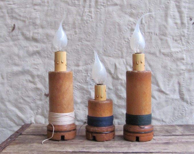 Set of Three Primitive Electric Candles Made of Antique Textile Mill ...