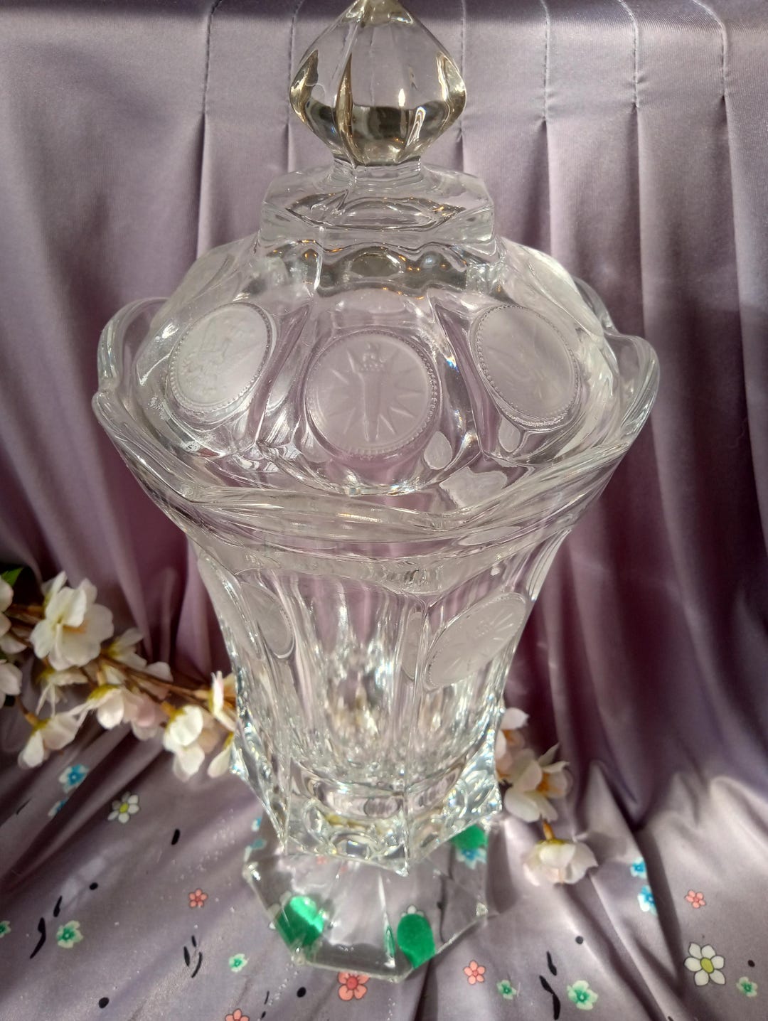 Vintage Collectible Glass Antique Fostoria Coin Pattern Lidded Jar 13 ...
