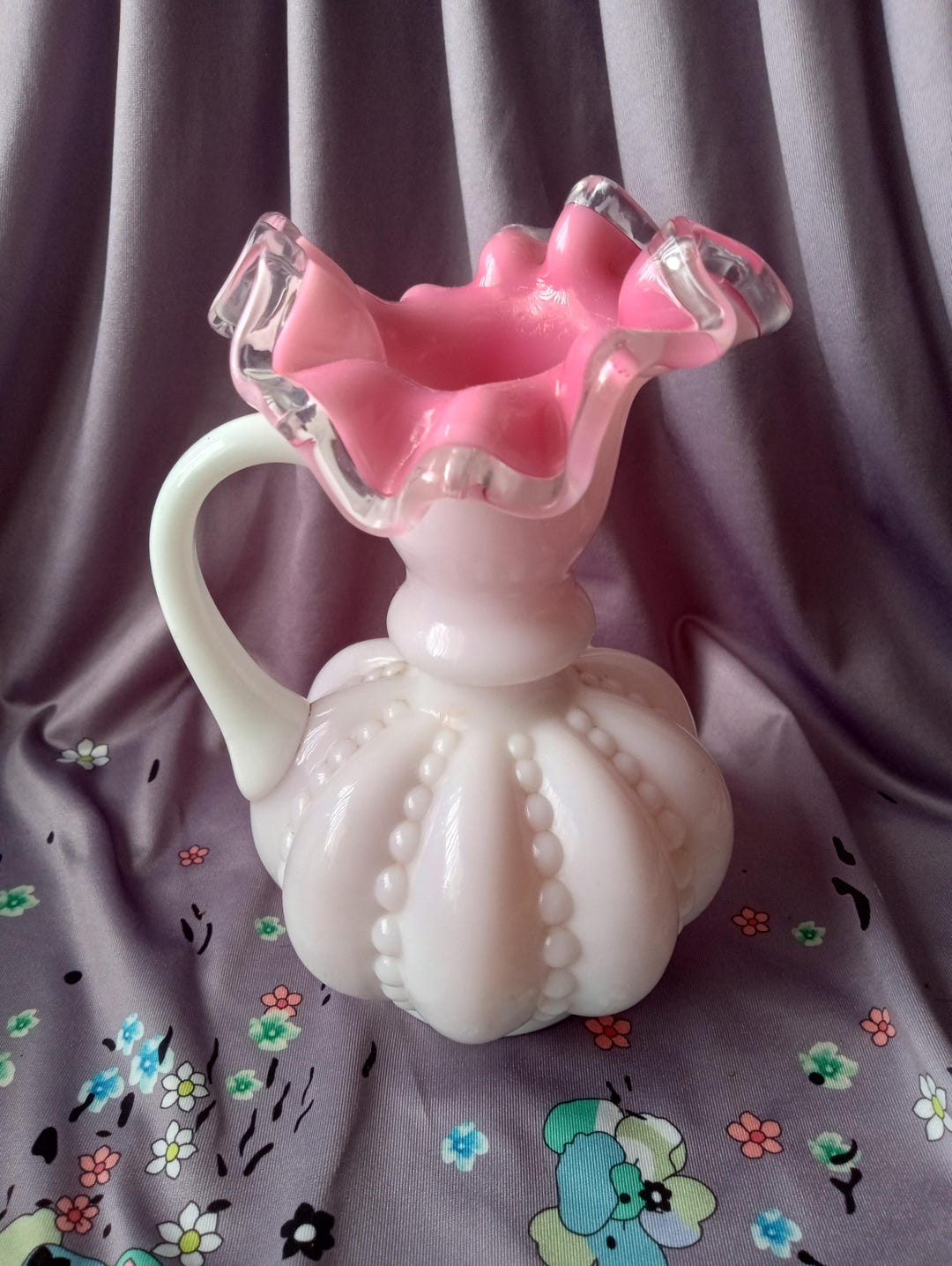 Vintage Fenton Beaded Melon Silvercrest Pink Pitcher Collectible Glass ...
