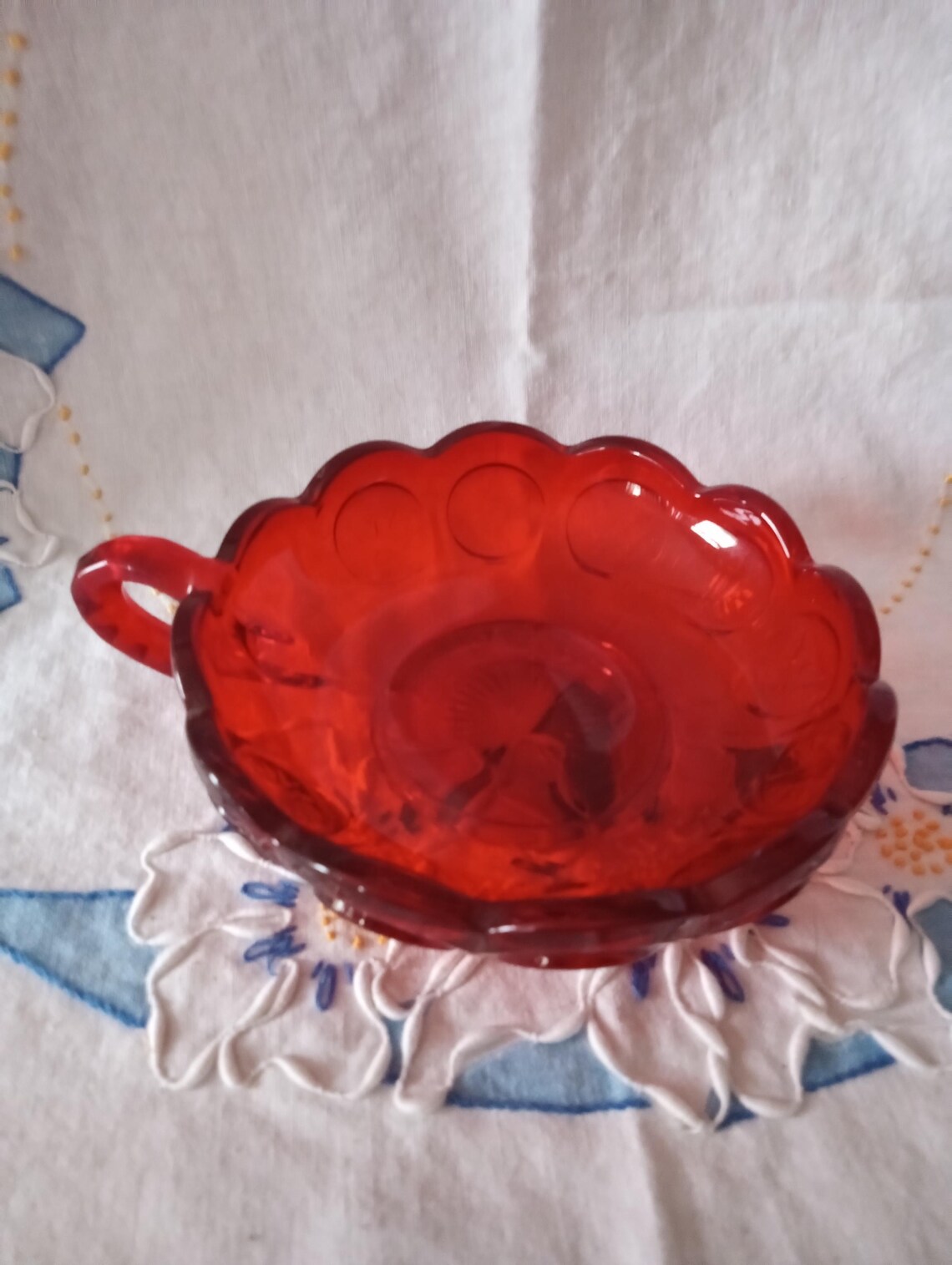 Ruby Red Coin Pattern Glass Candy Nut Nappy Dish With Handle 6.5" Made ...