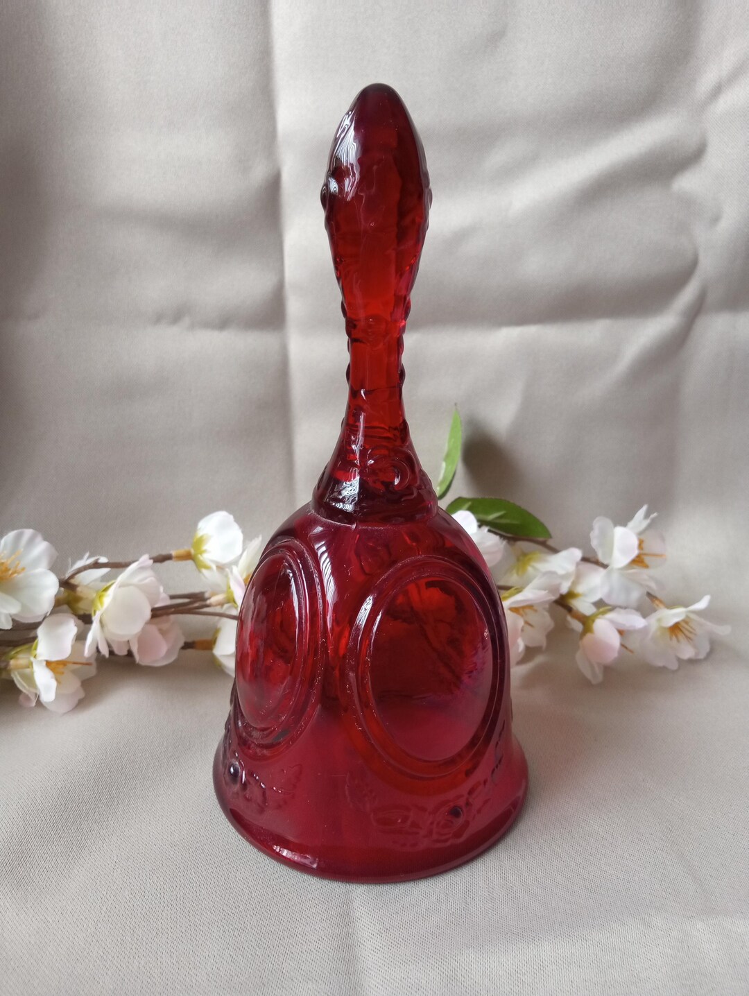 Fenton Art Glass Ruby Red Bell in the Medallions and Rose Swag Design ...