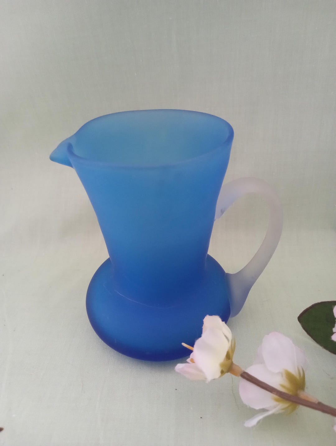 Rich Blue Pitcher, Hand Blown by Pilgrim Glass, With Frosted White ...