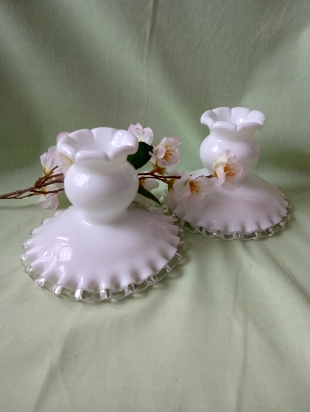 A Pair of Fenton Glass in the Silver Crest Milk Glass Ruffle Pattern ...