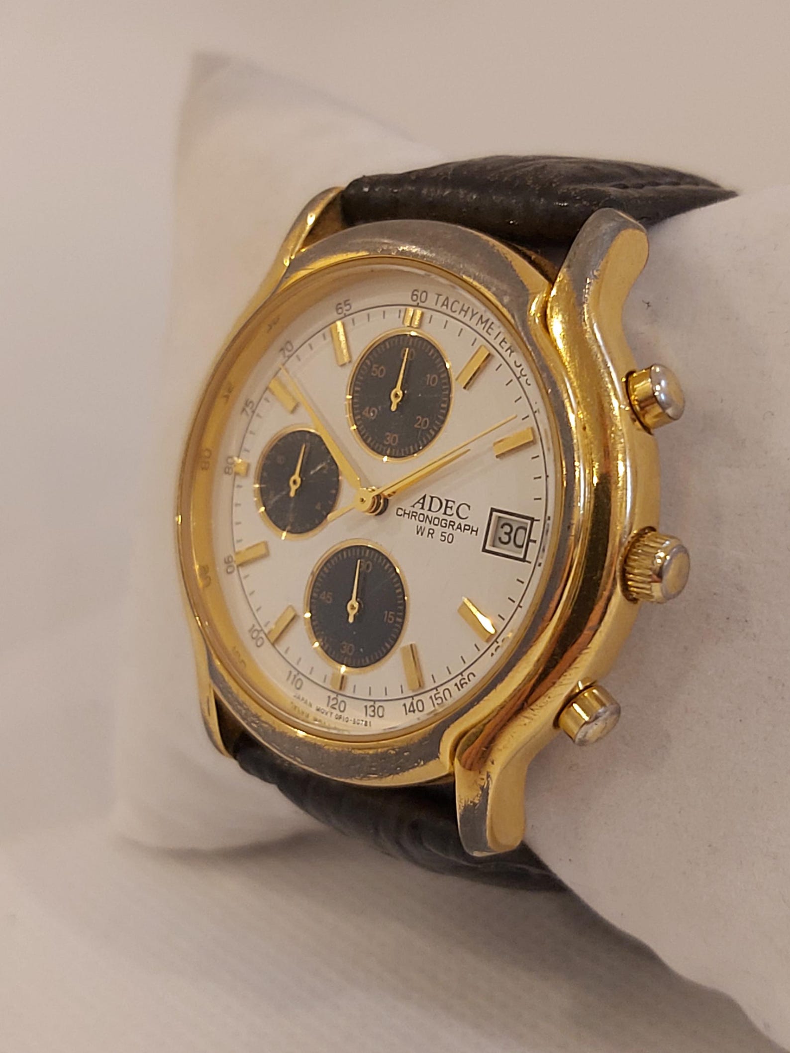 Vintage ADEC Chronograph Watch: Gold-tone, Tachymeter, Japan Movement ...