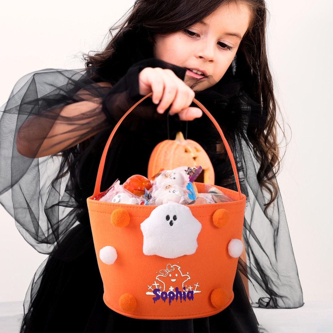 Embroidered Halloween Basket - Custom Halloween Bucket With Name, Trick ...