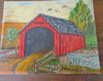 Red Covered Bridge Painting - Etsy