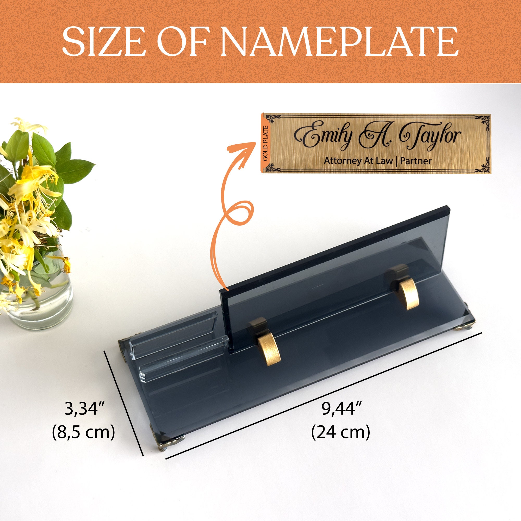 Personalized Desk Nameplate With Business Card Holder | Gold Plate Desk ...