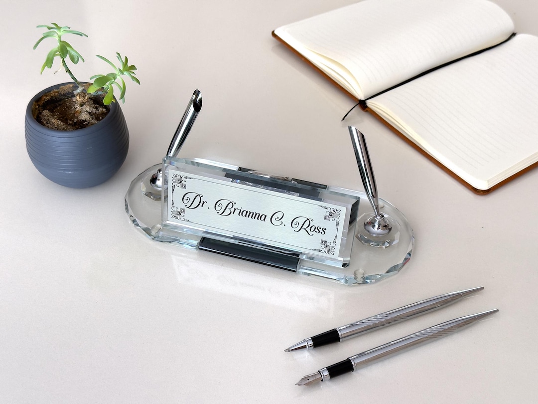 Custom Crystal Desk Name Plate With Dual Pens & Clock – Personalized ...