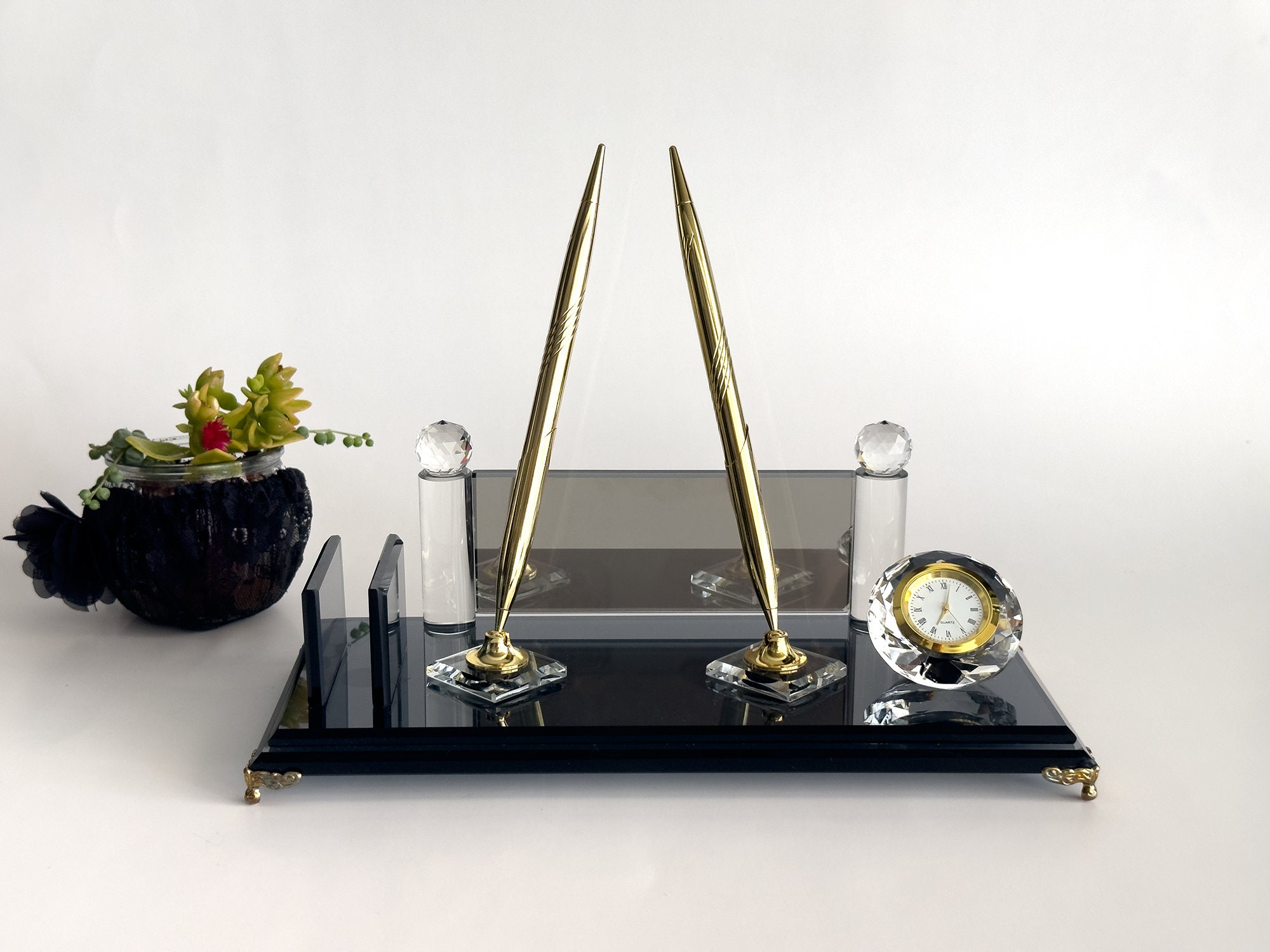 Desk Name Plate With Pen Set and Business Card Holder | Crystal Desk ...