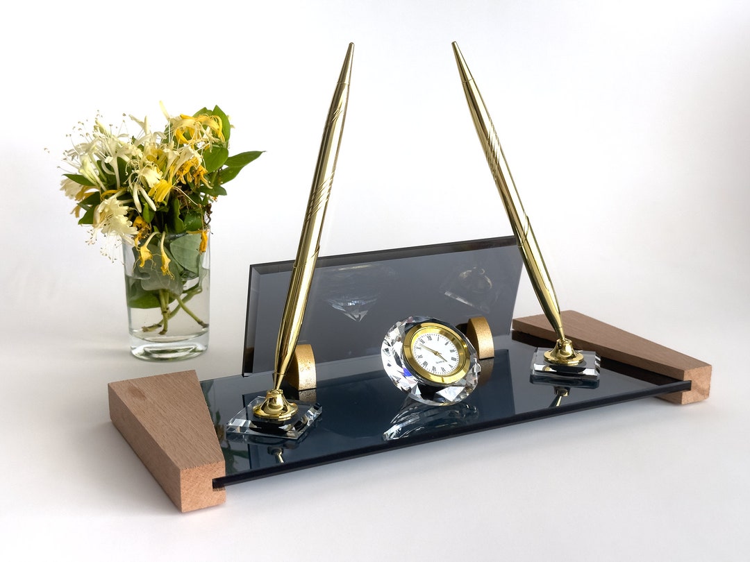 Natural Wood and Crystal Glass Desk Nameplate With Pen Set Crystal Desk ...