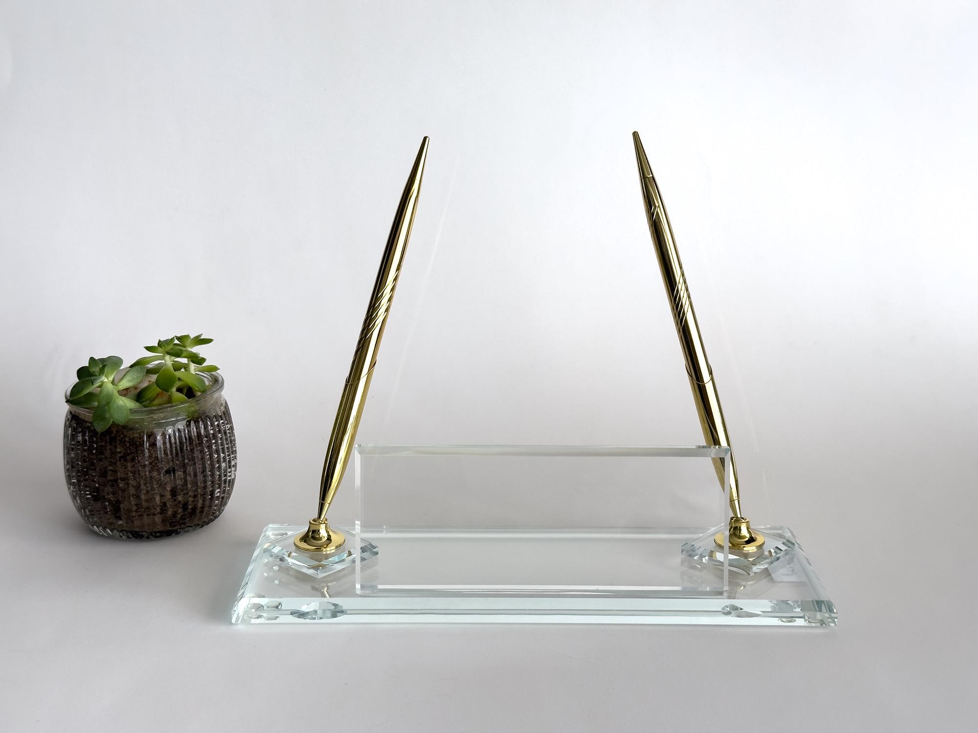 Custom Clear Glass Desk Nameplate and Golden Pen Set | Personalized ...