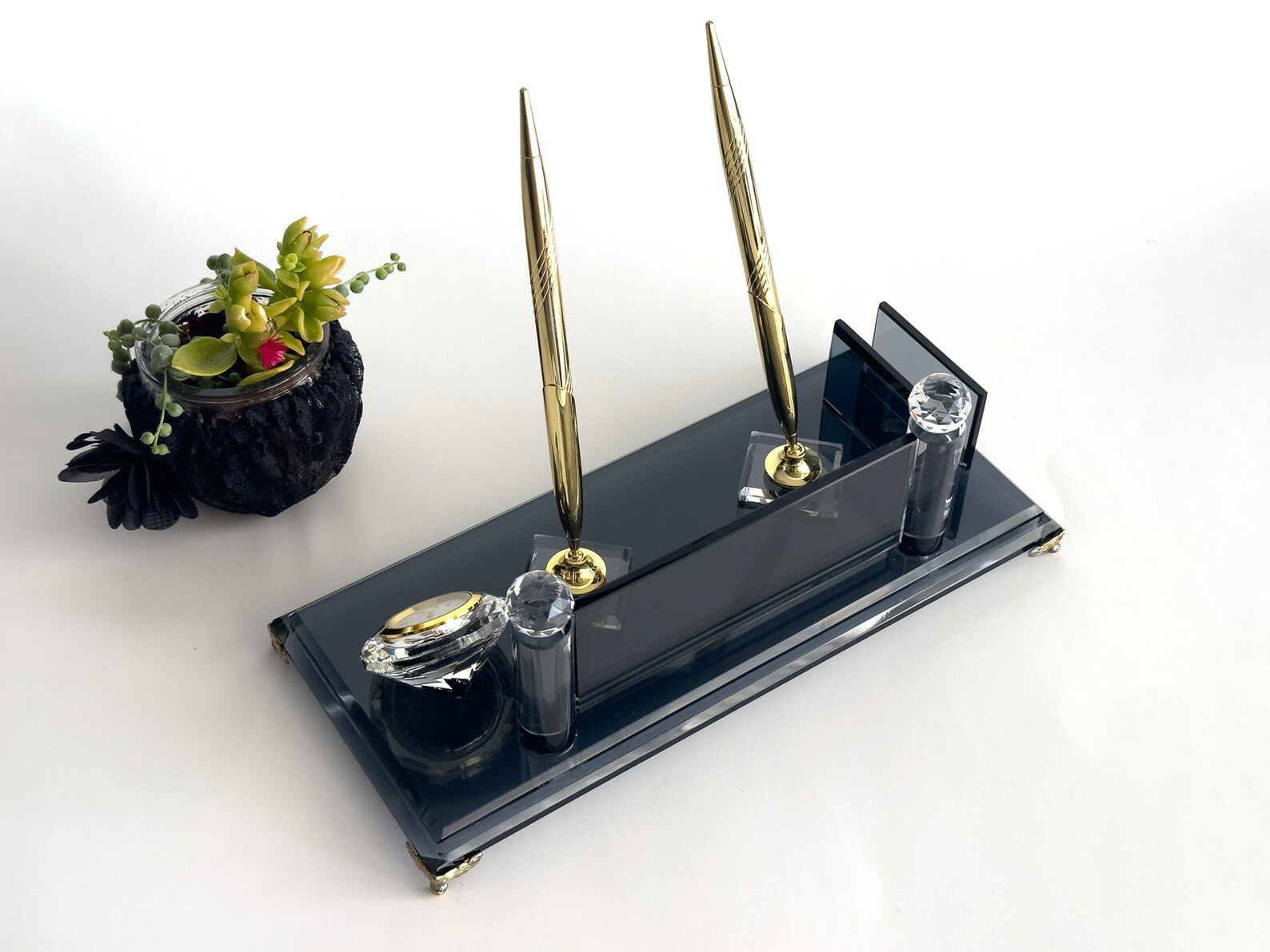 Desk Name Plate With Pen Set and Business Card Holder | Crystal Desk ...