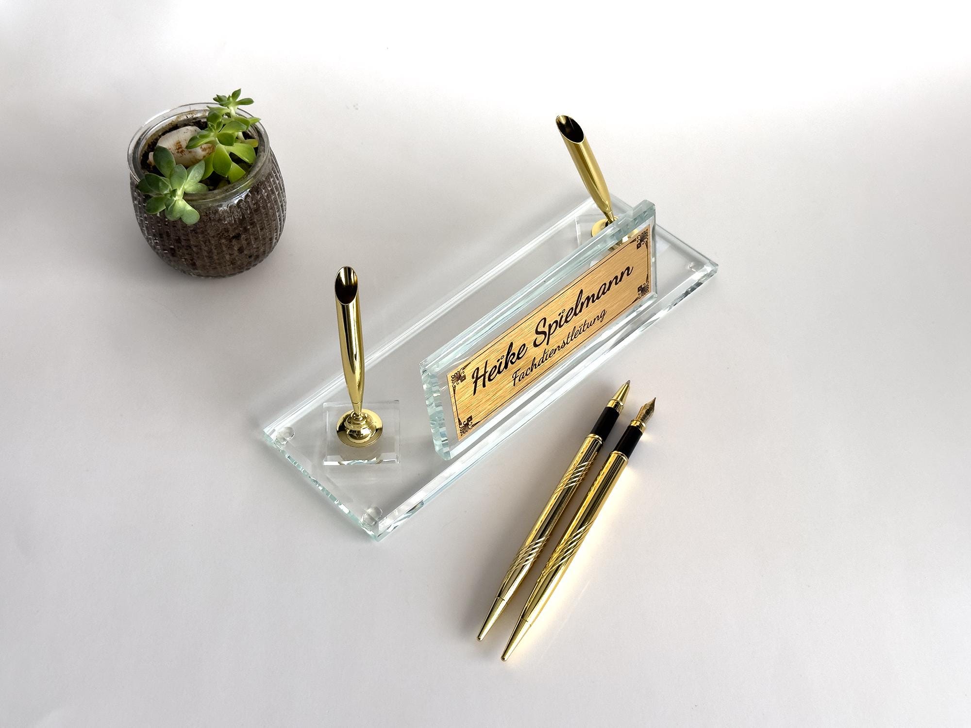 Custom Clear Glass Desk Nameplate and Golden Pen Set | Personalized ...