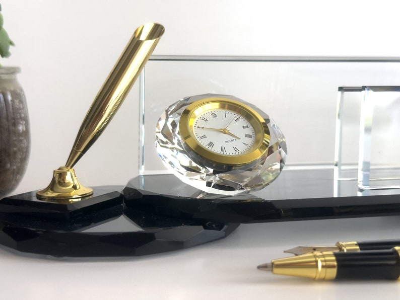 Crystal Nameplate and Desk Organizer Set Golden Oval Shaped ...