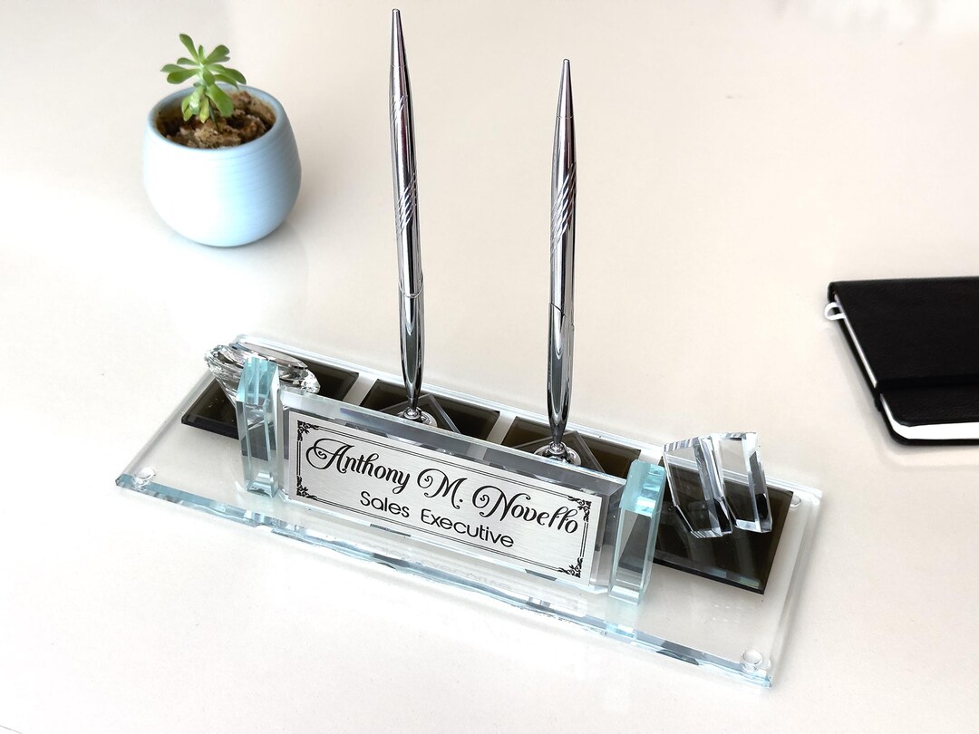 Personalized Crystal Desk Organizer Set: Silver Plate, Business Card ...