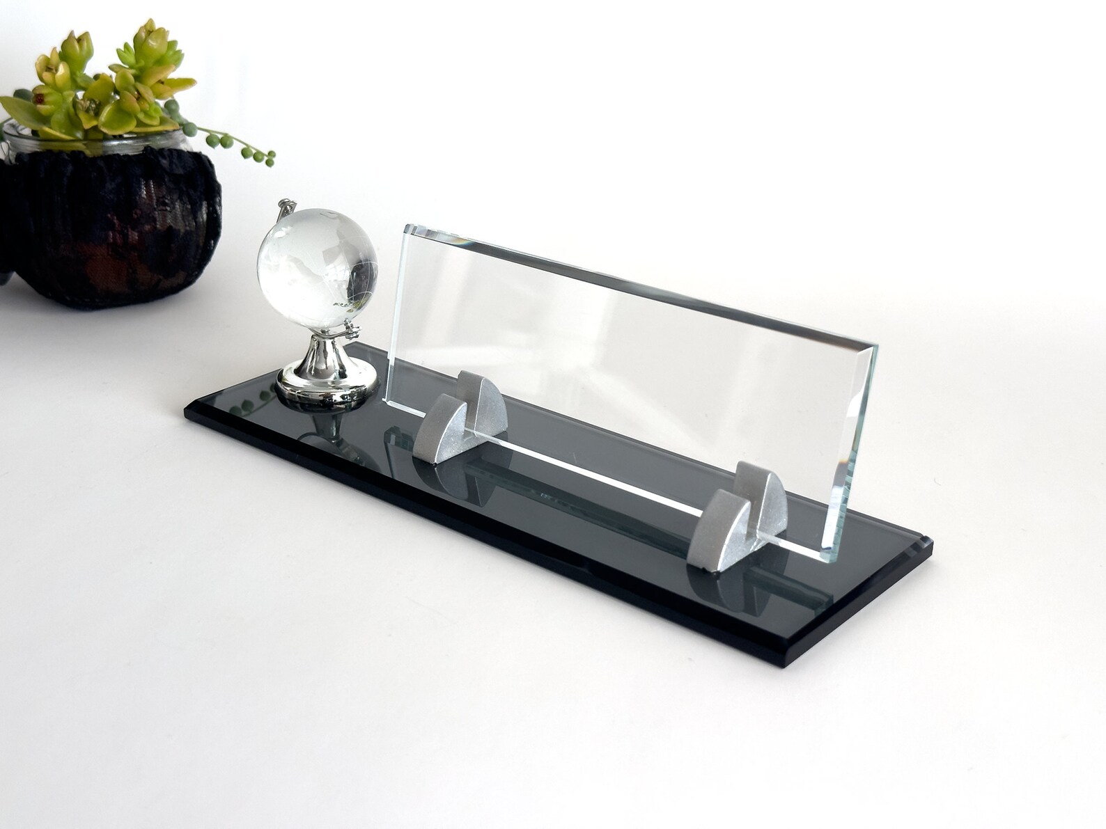 Custom Desk Nameplate: Engraved Crystal Glass With World Globe - Etsy