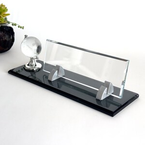 Glass Desk Name Plate With Globe Silver | Personalized Silver Desktop ...